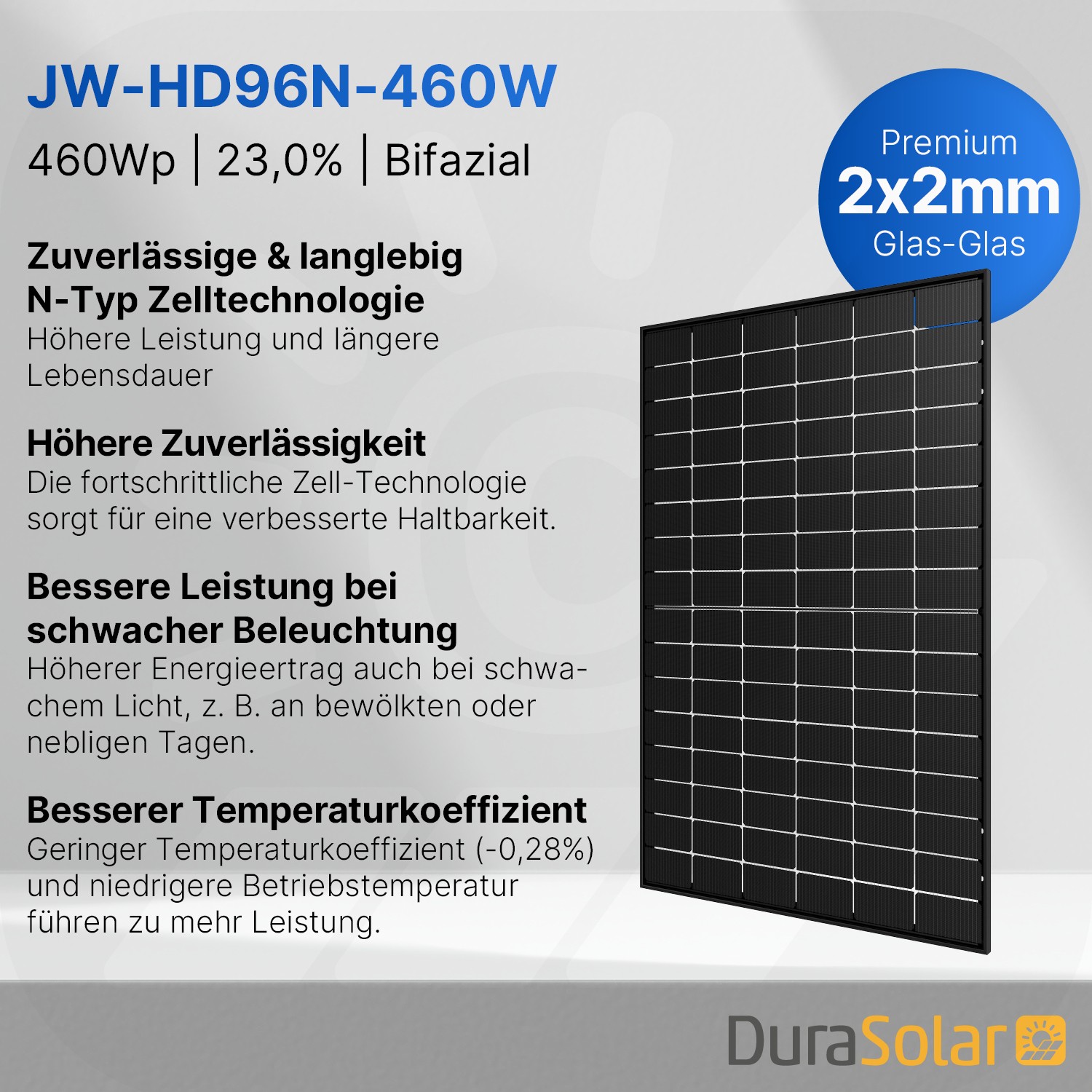 Jolywood 460W Bifazial 2x2mm Glas-Glas Modul JW-HD96N 455W - PV Solar Panel | 1 Stück | 400045